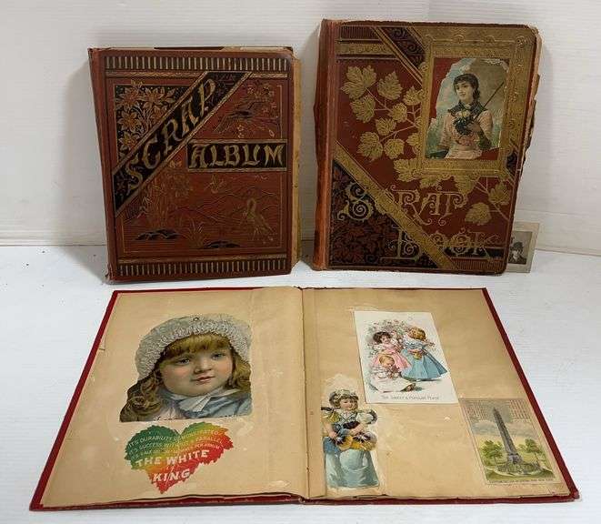 Group of (3) Older Victorian scrapbooks filled with colorful pictures ...