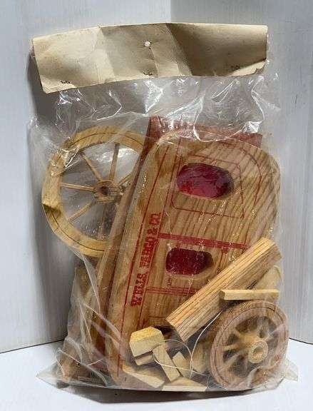 Older Wells Fargo & Co. wooden stagecoach model kit, bag- 12"H, sealed ...