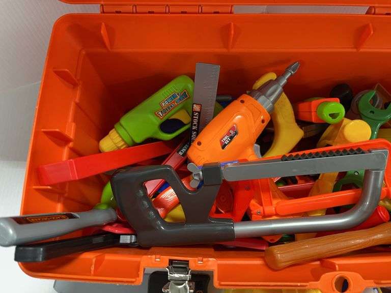 Large orange plastic tool box full of many toy tools, tool box- 18"W ...