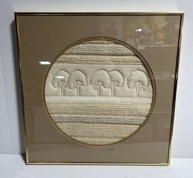 Matted and framed hand crafted fiber art, cream color, frame- 18" x 18 ...
