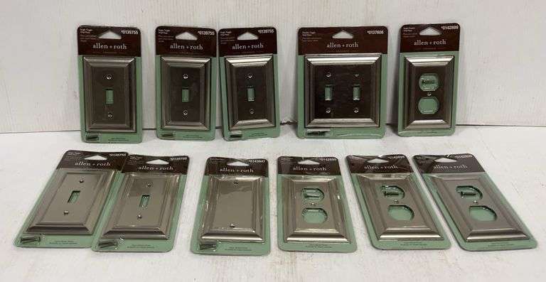 (11) Satin nickel Allen & Roth switch covers, NIP, includes: 1- Blank ...