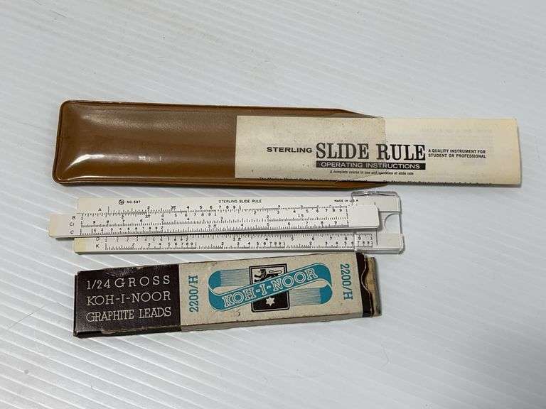 Small advertising items, includes: Slide ruler, circle scale, lead ...