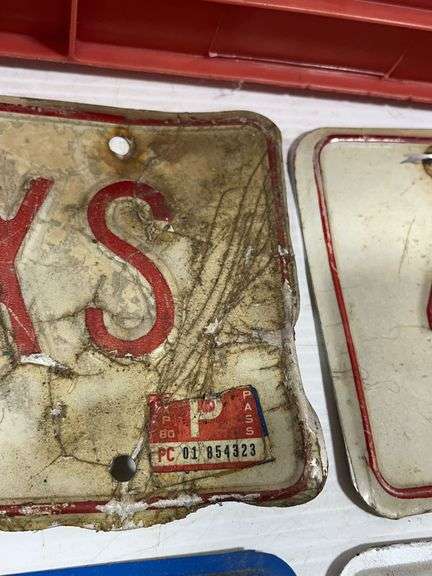 Older Coca-Cola bottle crate and assorted license plates, crate- 15"W ...