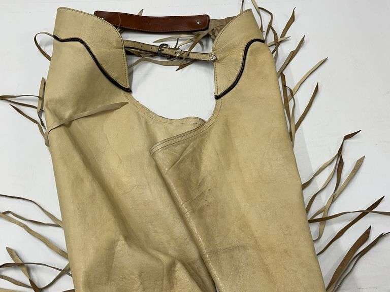 Older leather fringed chaps, unisex, no size listed, used, some wear ...