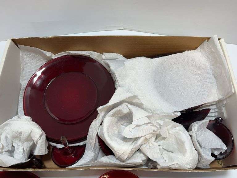 Older red glass set, vibrant color, includes: (5) Dinner plates, (5 ...