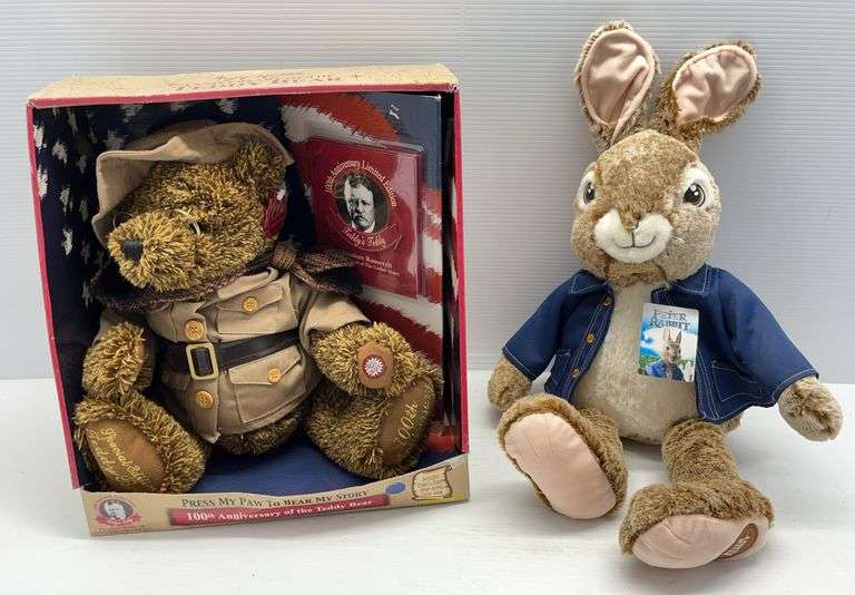 Collectible Teddy Roosevelt Bear, and large stuffed Peter Rabbit, up to ...