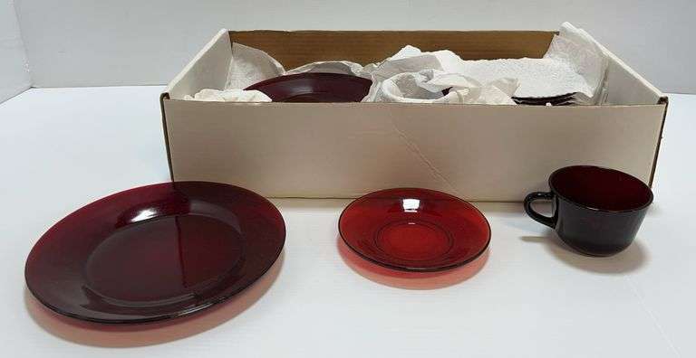 Older red glass set, vibrant color, includes: (5) Dinner plates, (5 ...