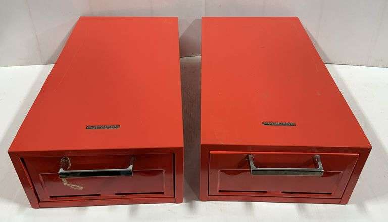 (2) Red metal filing boxes, stackable, 18"L - Albrecht Auction Service