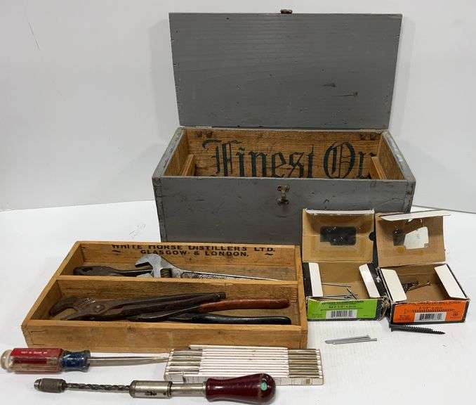 Handmade gray tool box with tools and nails, 16"W x 8"D x 8"H ...