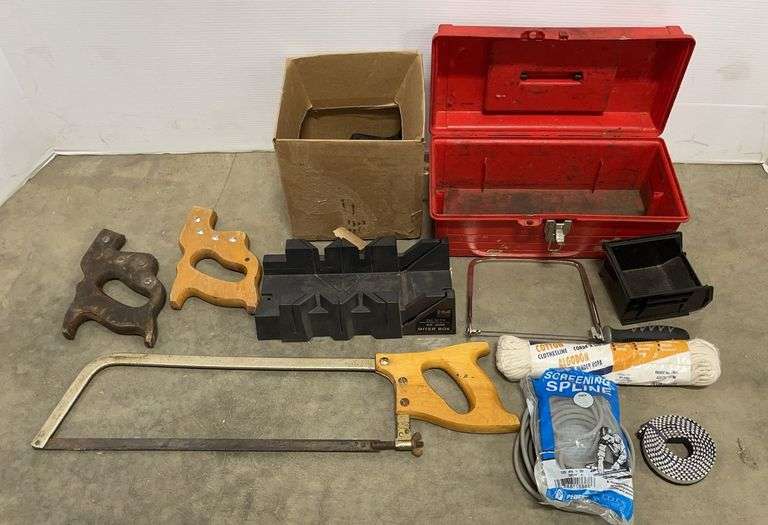 Tool box, 15"; Mitre box; coping saw, 7"; Handsaw; Box of hand saw ...