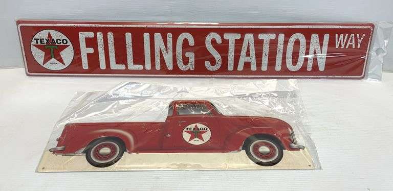 (2) Modern Texaco metal signs: 1- Red truck, 22"W; 1- Filling Station ...