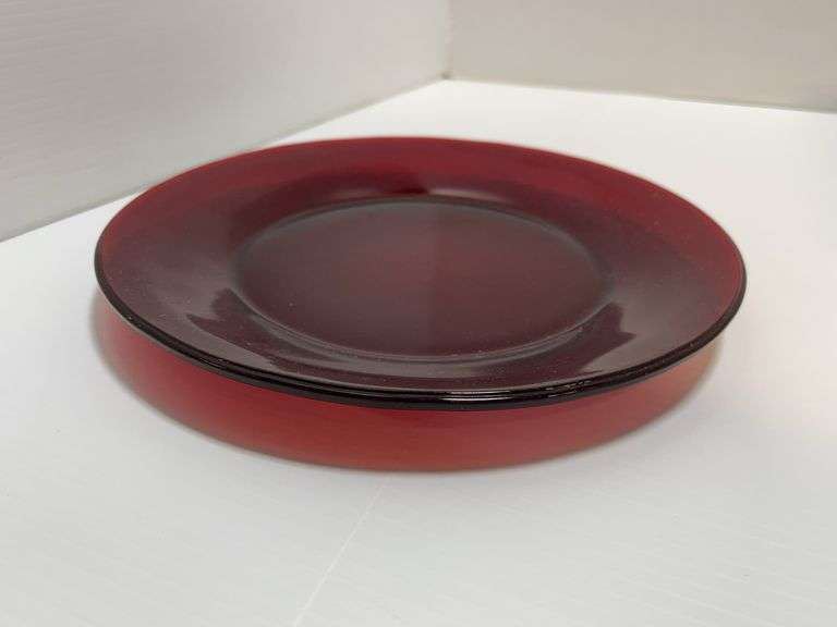 Older red glass set, vibrant color, includes: (5) Dinner plates, (5 ...
