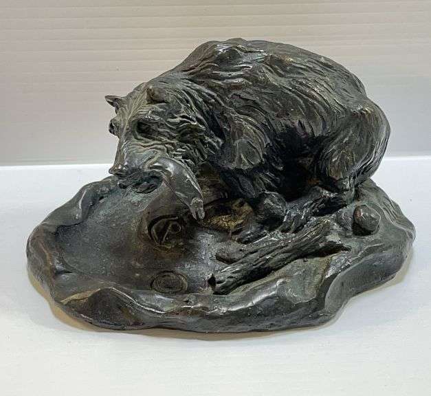 Bronze statue of a bear with a salmon, made in 1969 by Phil Lawrence, 6 ...
