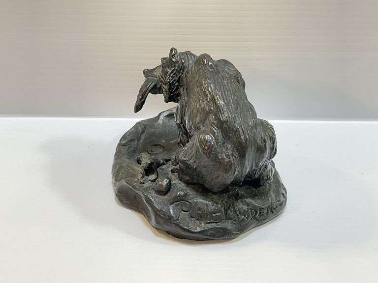 Bronze statue of a bear with a salmon, made in 1969 by Phil Lawrence, 6 ...