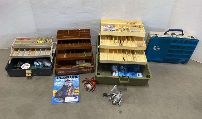 (4) Tackle boxes, includes: Old Pal woodstream, fenwick, and 2- Plano ...