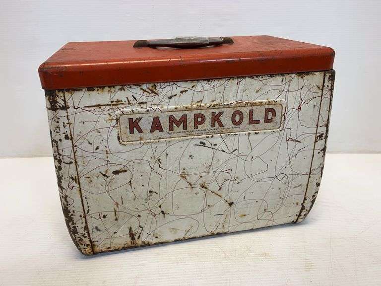 Kampkold antique ice box, 17"W x 10"D x 13"H, paint loss, rust ...