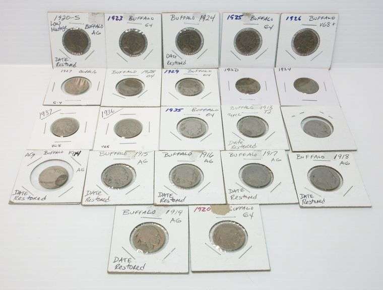 (22) Buffalo nickels, include: Two- 1913 Type I and Type II, 1914, 1915, 1916, 1917, 1918, 1919 ...
