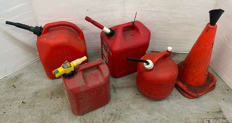 (4)-Plastic Gas Cans (up to 5-gallon); (2)-Orange Cones and (1)-Small ...