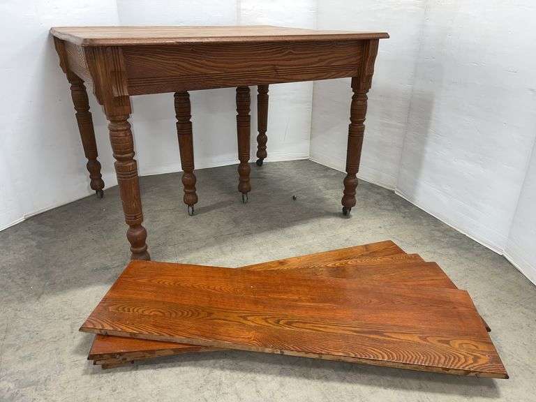 Antique oak farm table with six legs, closed- 40"W x 36"L, extends to 7 ...