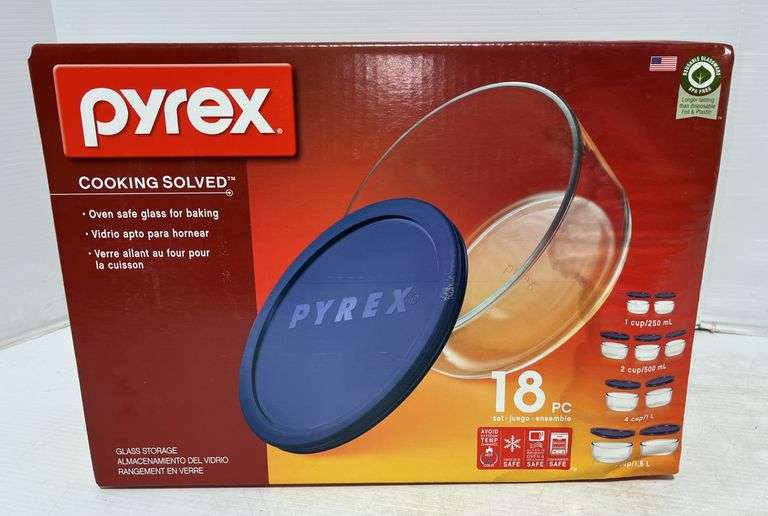 Pyrex 18-piece glass storage containers with lids, box has water damage ...
