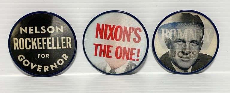 (3) Political flasher pins, include: 1968 "Nixon's the One!" and face ...