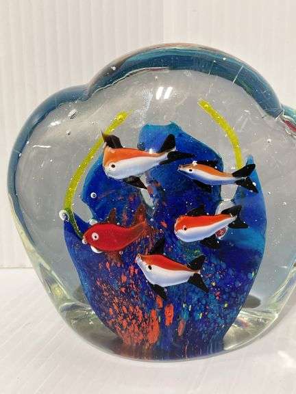 1970's Murano double sided fish under the sea glass paperweight in ...