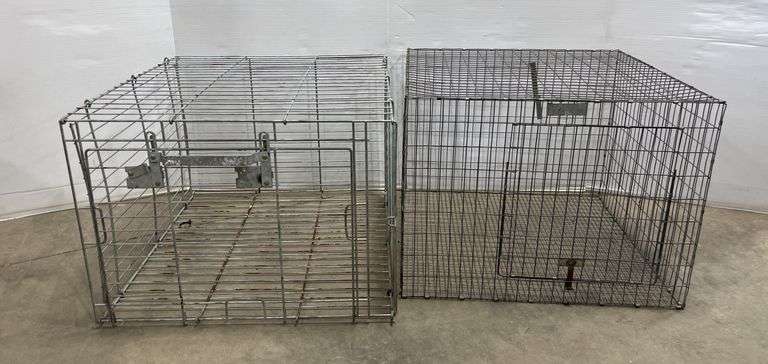 (2) Wire animal cages, one- 26 1/2" x 24" x 17", holes- 1 1/4" x 8 ...