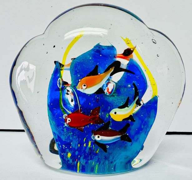 1970's Murano double sided fish under the sea glass paperweight in ...