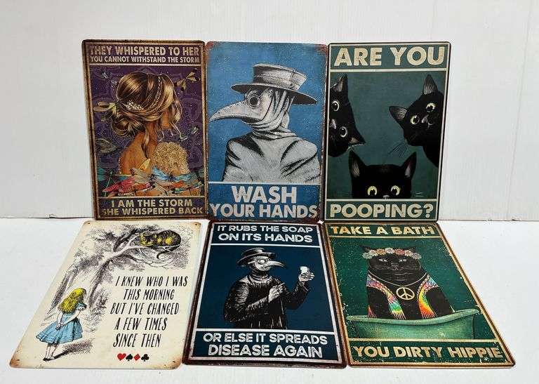 (6) Assorted modern metal signs, approx. 8" x 12", used - Albrecht ...