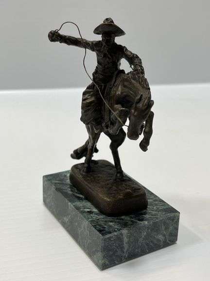 Fine older Remington miniature bronze on marble base, stands 5"H, heavy ...