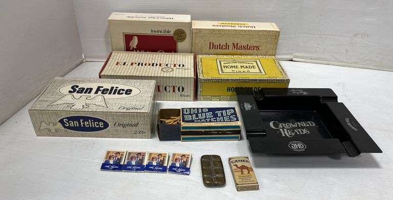 Old Tobacco Collection, includes: (5) Five old cigar boxes, match safe ...