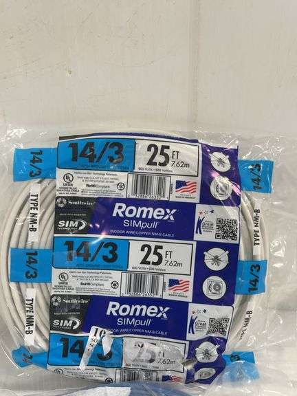 (2) Rolls of Southwire 14/3 romex electrical wire, 25'L, white and blue ...