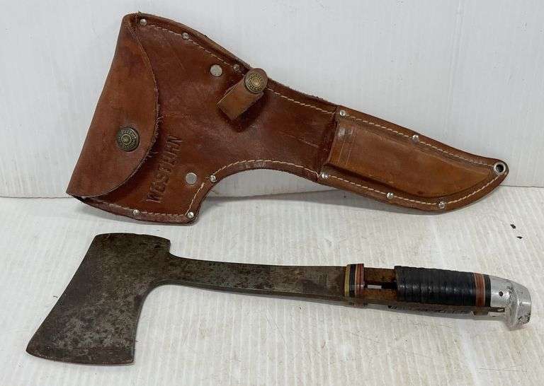 Western brand hatchet and sheath, hatchet appears to be damaged, 11"L ...