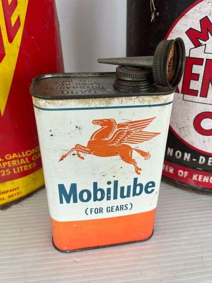 (6)-Old Gas, Oil & Lube Cans, Include: Five Gallon Kendall Motor Oio ...