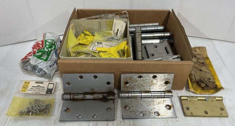 Hinges with screws, assorted hardware, and more, varied sizes, some NIP, others used - Albrecht ...
