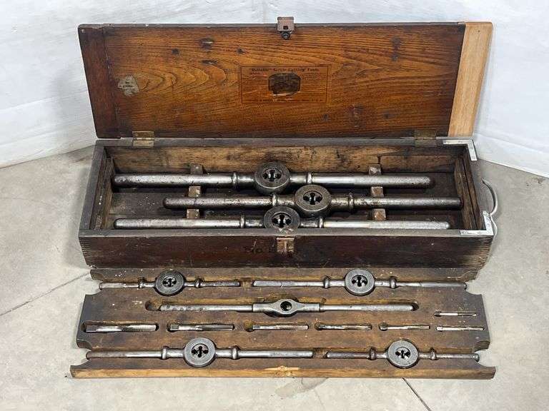Two-level antique tap and die set in wooden box, 26"W x 9"D x 4"H, good ...