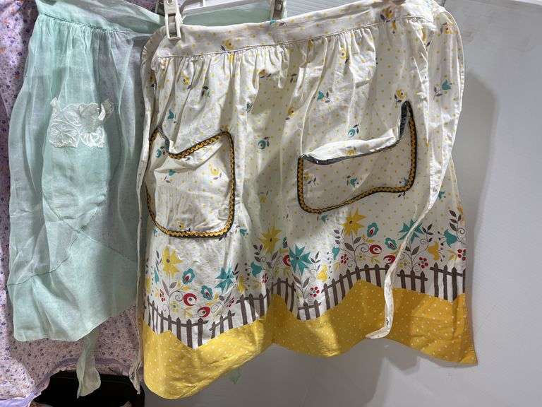 Group of older kitchen linens, includes: Tablecloth, towels, potholders ...