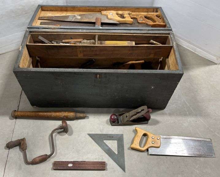 Solid wood carpenters box, with Disston saws, hand braces, drills, hand ...