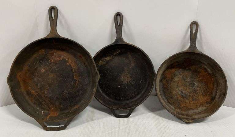 (3) Pieces of cast iron cookware, largest- 12"Dia - Albrecht Auction ...