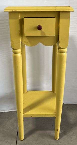 Wood mid-century end table with drawer, 12" x 12" x 31"H, fair ...
