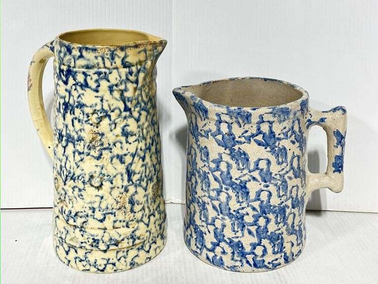 (2) Antique Farmhouse Spongeware Stoneware pitchers, Jug Crock, and ...