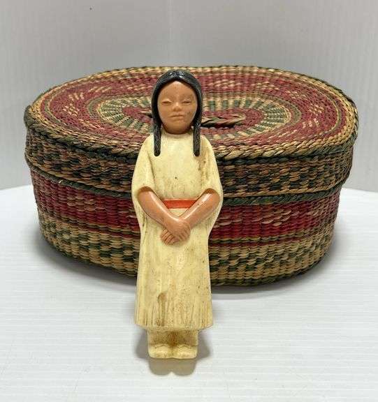 Older hand-woven sweetgrass oval basket with lid, red multi-colored, 7 ...