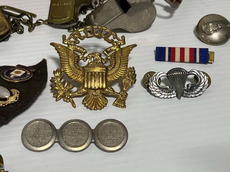 (28) Older Military/CIA pins, Service Medals, and (3) Military whistles ...