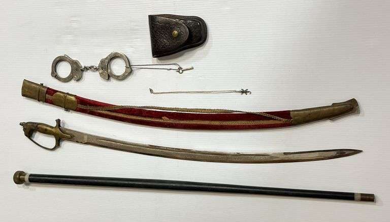 Older sword, working cane, Handcuffs with key and case, up to 38"L ...