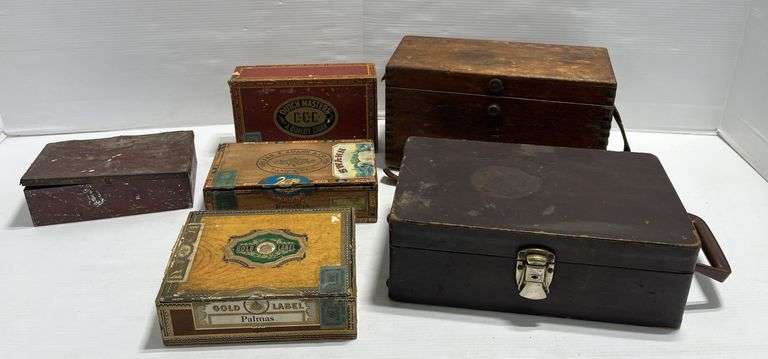 (6) Boxes, include: 3- Decorative cigar boxes, all wood; Metal cigar ...