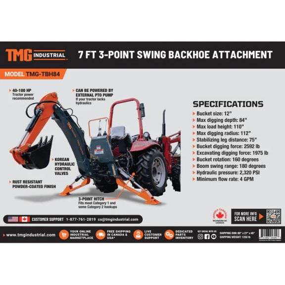 TMG Industrial 7' 3-point hitch swing backhoe attachment, 12" bucket ...
