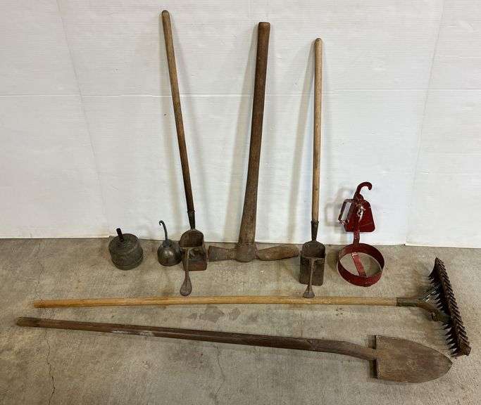 (2) Antique potato planters, old metal thatcher, antique trench shovel ...