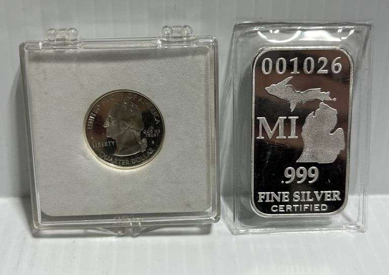 1 Troy oz. of 99.9% Silver State of Michigan Bullion bar, sealed; S ...