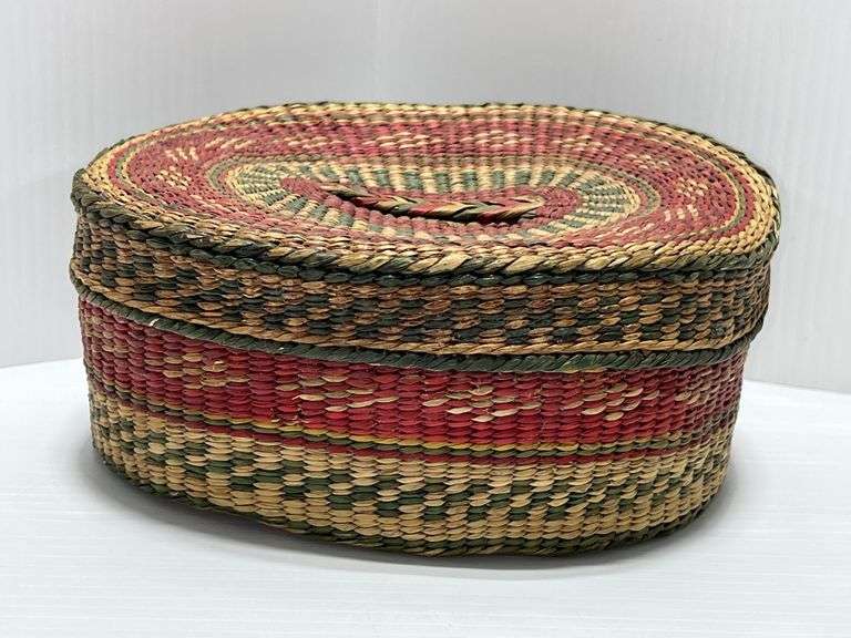 Older hand-woven sweetgrass oval basket with lid, red multi-colored, 7 ...