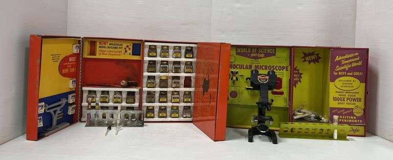 (2) Older metal box science sets, includes: Microscope, double wide ...